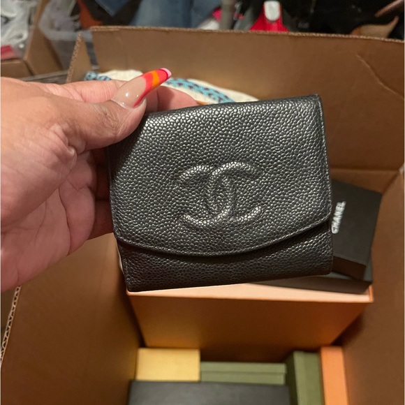 CHANEL | Bags | Chanel Wallet Coco Mark Black Gold Caviar Skin Folded ...